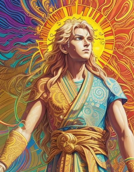 (androgynous Apollo the god of the sun in warm colors, surrounded by ...