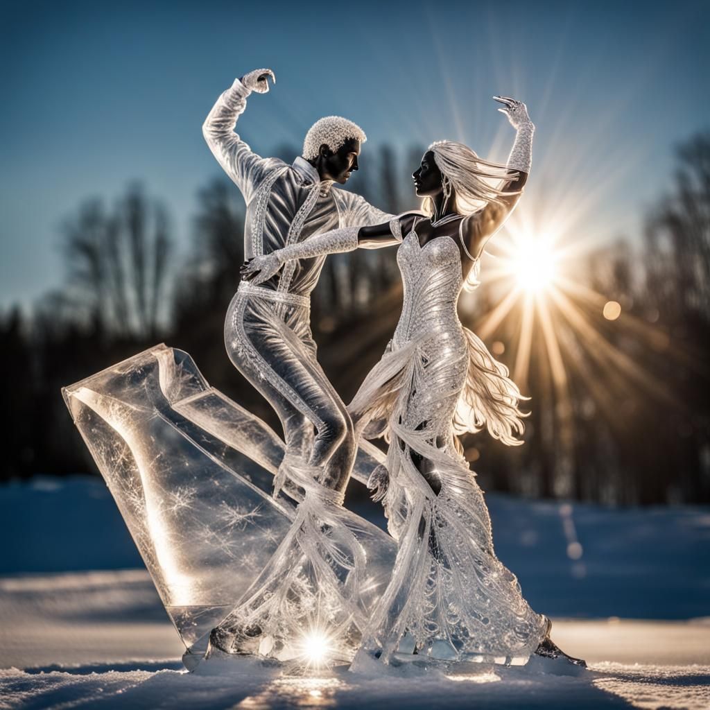 ice sculpture of an ice dancer couple, sun shines trhough the ice, epic ...