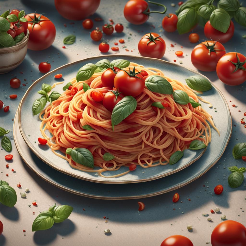 Spaghetti with tomatoes and basil - AI Generated Artwork - NightCafe ...