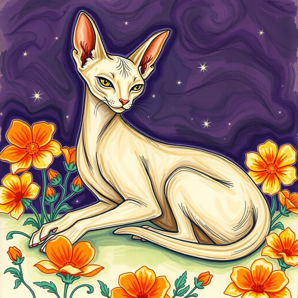 Crayon Masterpiece: Elegant Sphinx Cat in Whimsica... - AI Art