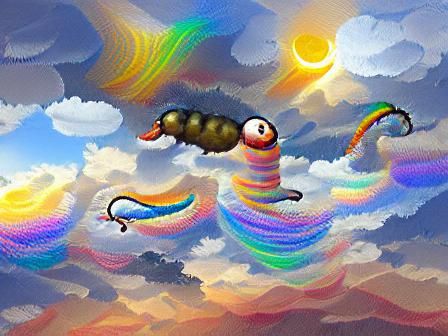 Cute worm creature gliding across rainbows in the sky detailed pixel ...