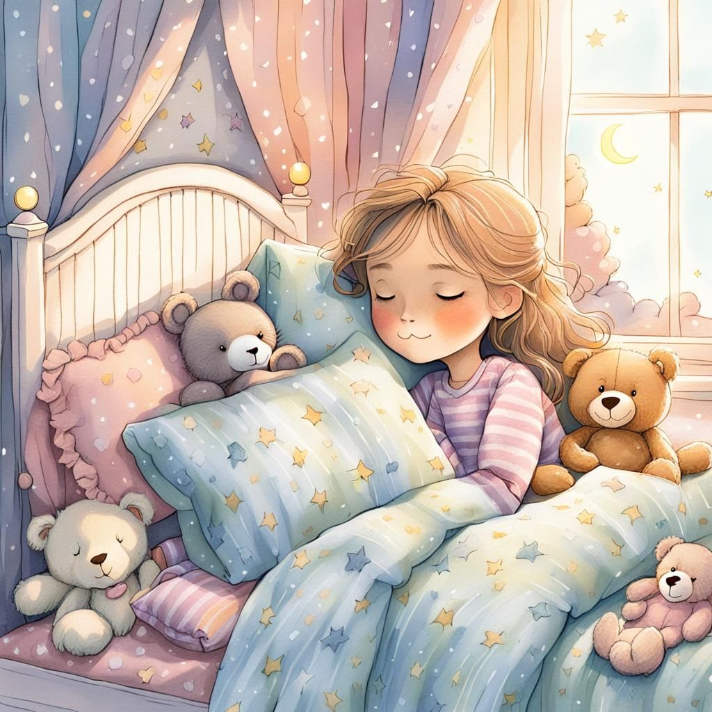 Off to bed little girl... - Whimsical Bedtime Scene of a Gir...