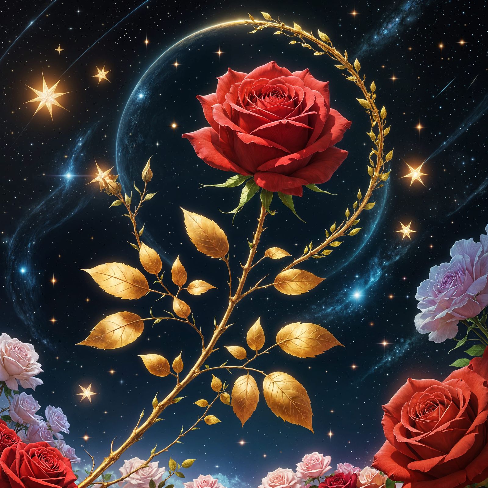 Vibrant Red Rose in Celestial Setting, Anime-Inspi... - AI Art