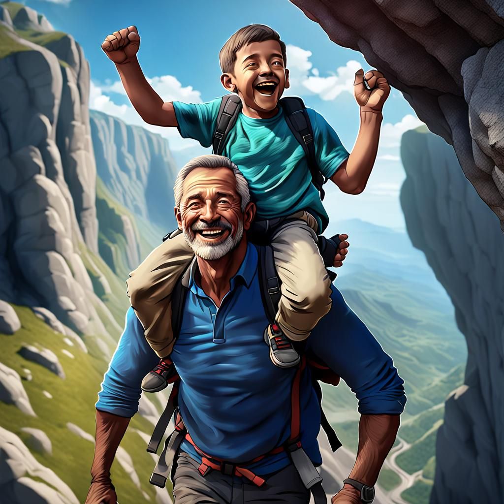 Happy father and Son during Climbing A Mount - AI Generated Artwork - NightCafe Creator