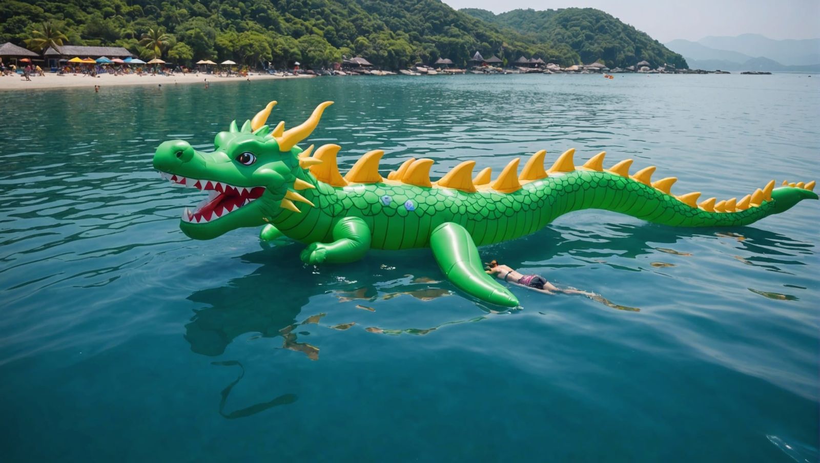 a colossal beautiful inflatable dragon pool toy is laying floating in ...