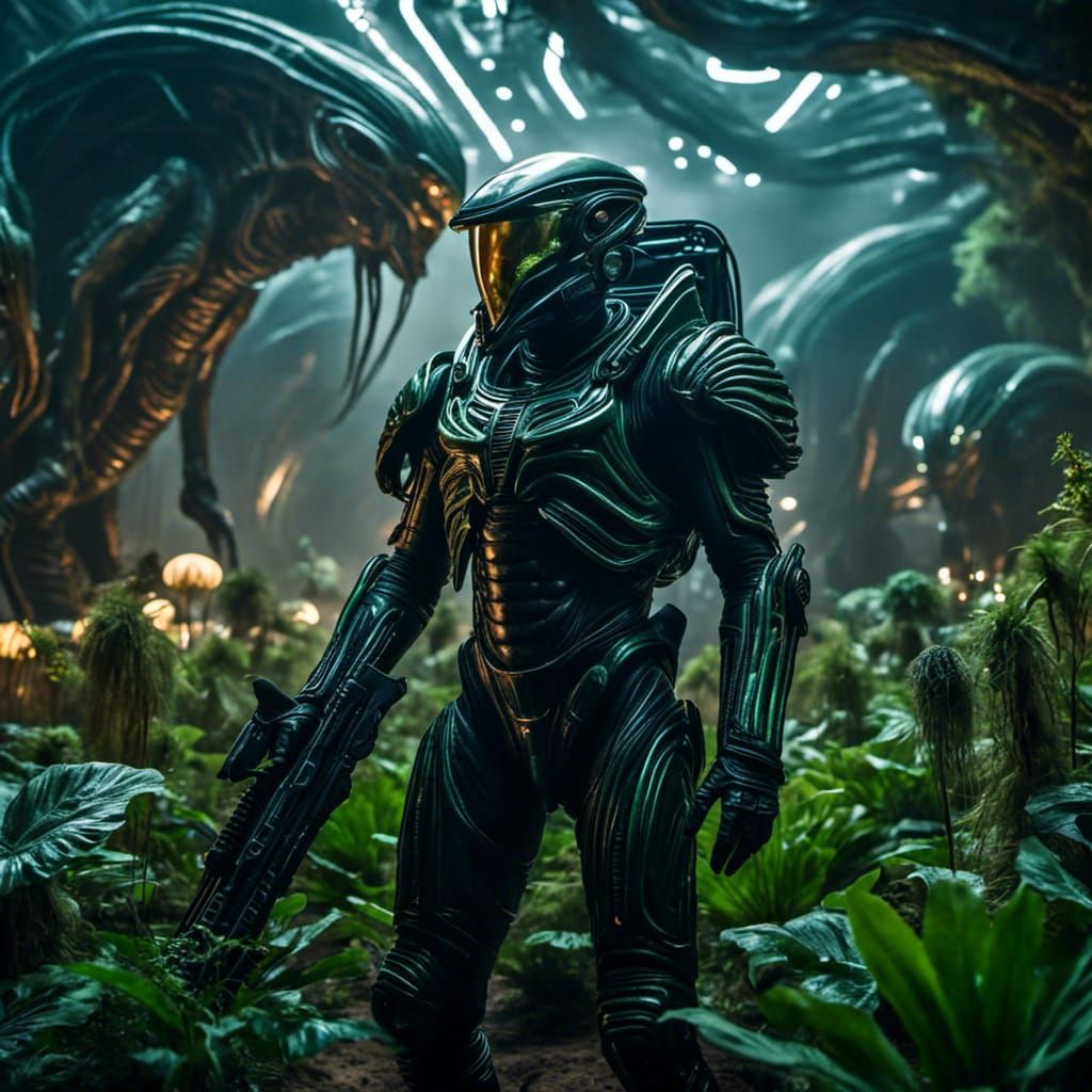 An armed soldier stands surrounded by giant alien plants - AI Generated Artwork - NightCafe Creator