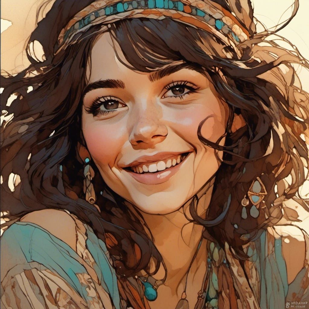 Portrait, brunette boho girl - AI Generated Artwork - NightCafe Creator