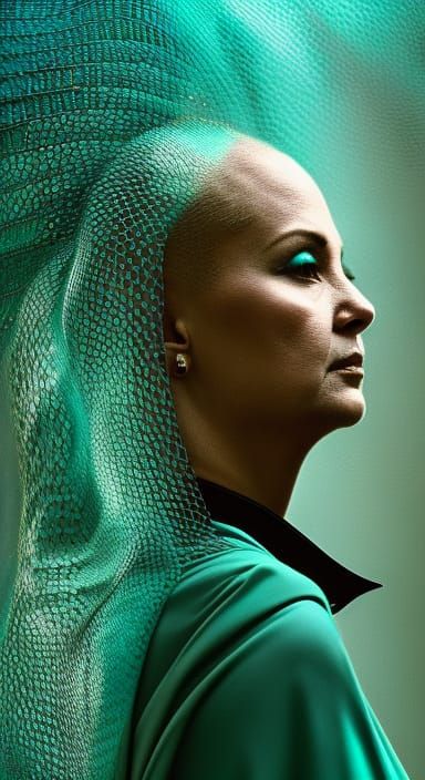 Teal scaled bald alien woman robed from head to toe gazing straight at ...