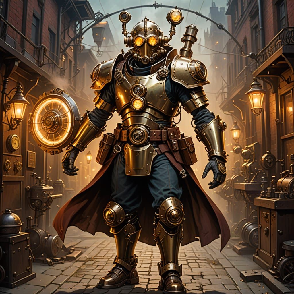 Steampunk Warrior Wields Gears and Clockwork Shiel... - AI Art