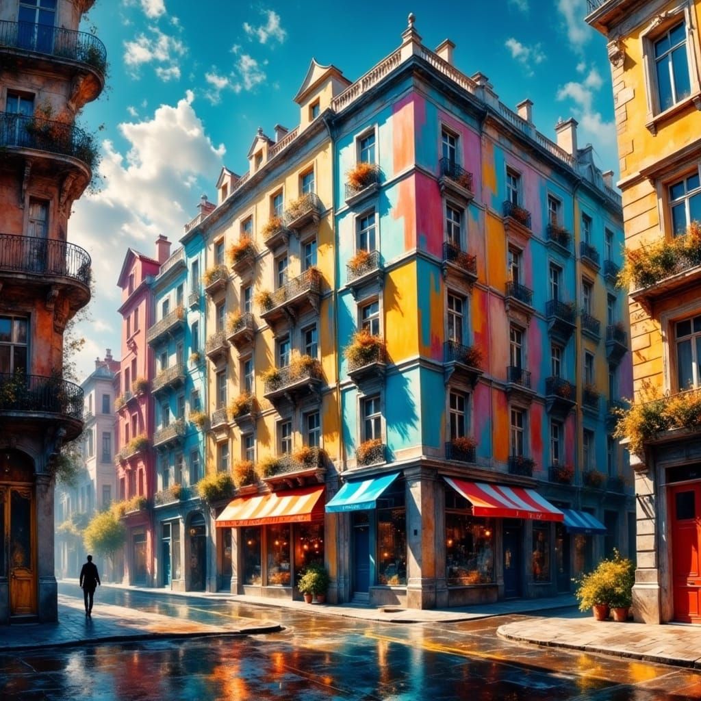 The building facades are thin stripes of color gradient mandelbulb ...