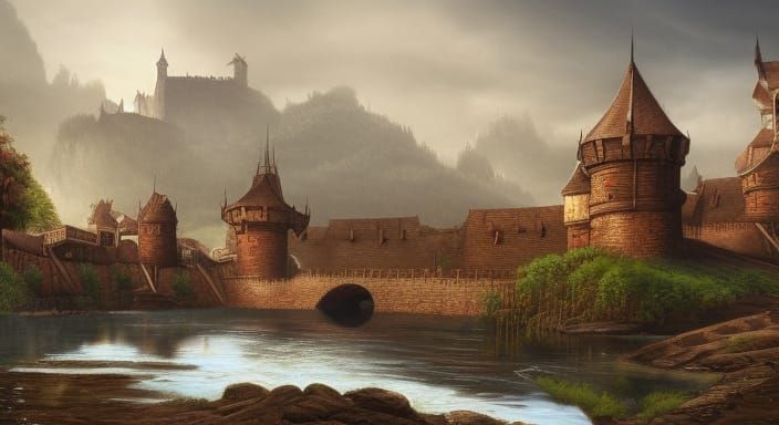a medieval wooden fort surrounded by a moat connected to a river in a ...