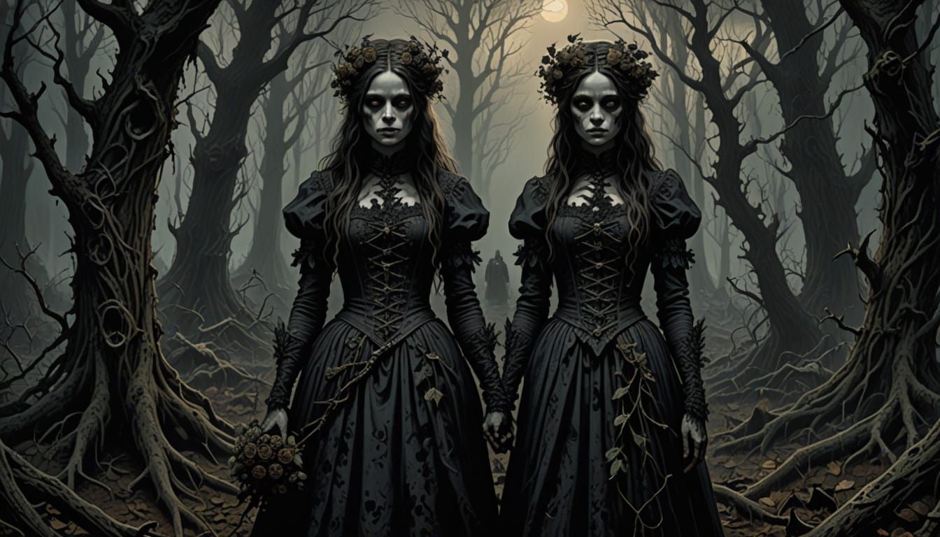 Haunted Flower Girl in a Dark Gothic Forest Scene - AI Art