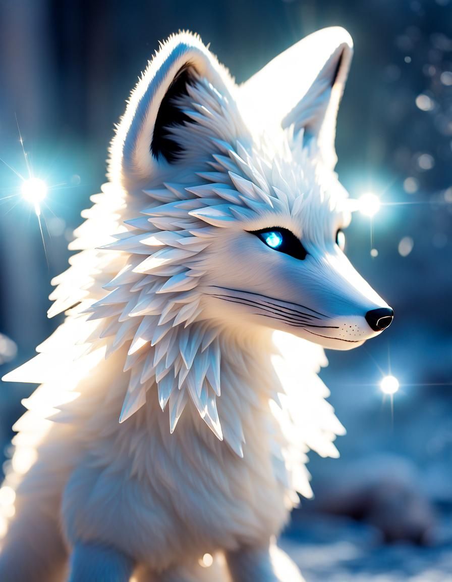 crystalline fox, white, whose fur is made from glinting sparkling ...