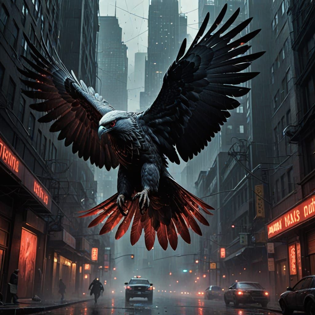 Cyberpunk Dystopian Bird of Prey in Noir-Style Haz... - AI Art