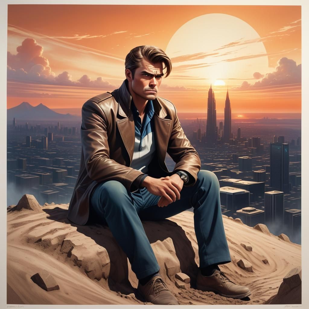 A handsome man with a grumpy expression sits atop a dirt mound, a ...