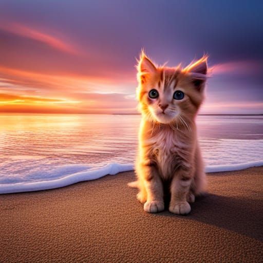 sunset over cute pink kitten on shoreline - AI Generated Artwork ...