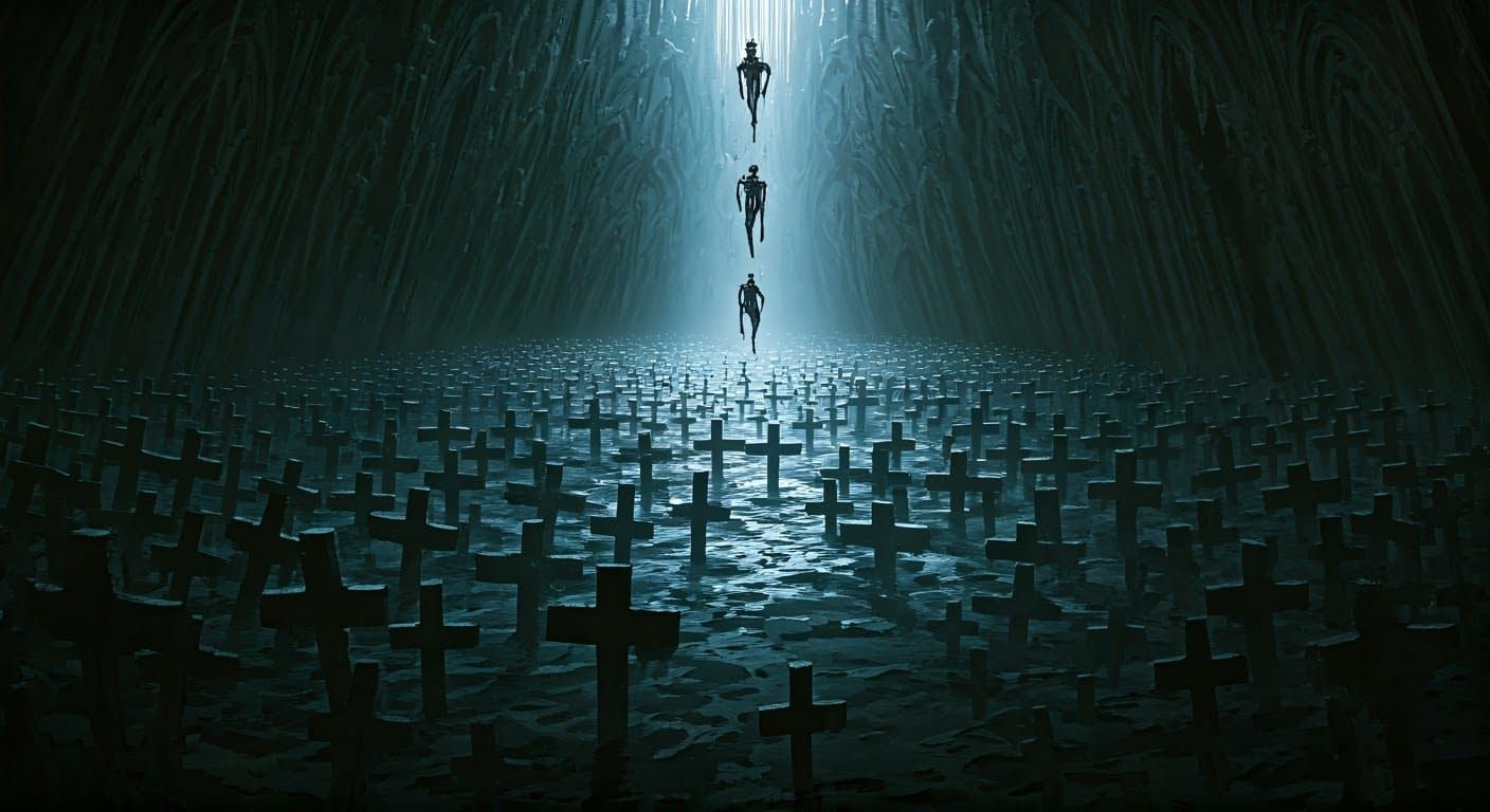 Glowing Inverted Crosses in a Desolate, Ancient La... - AI Art