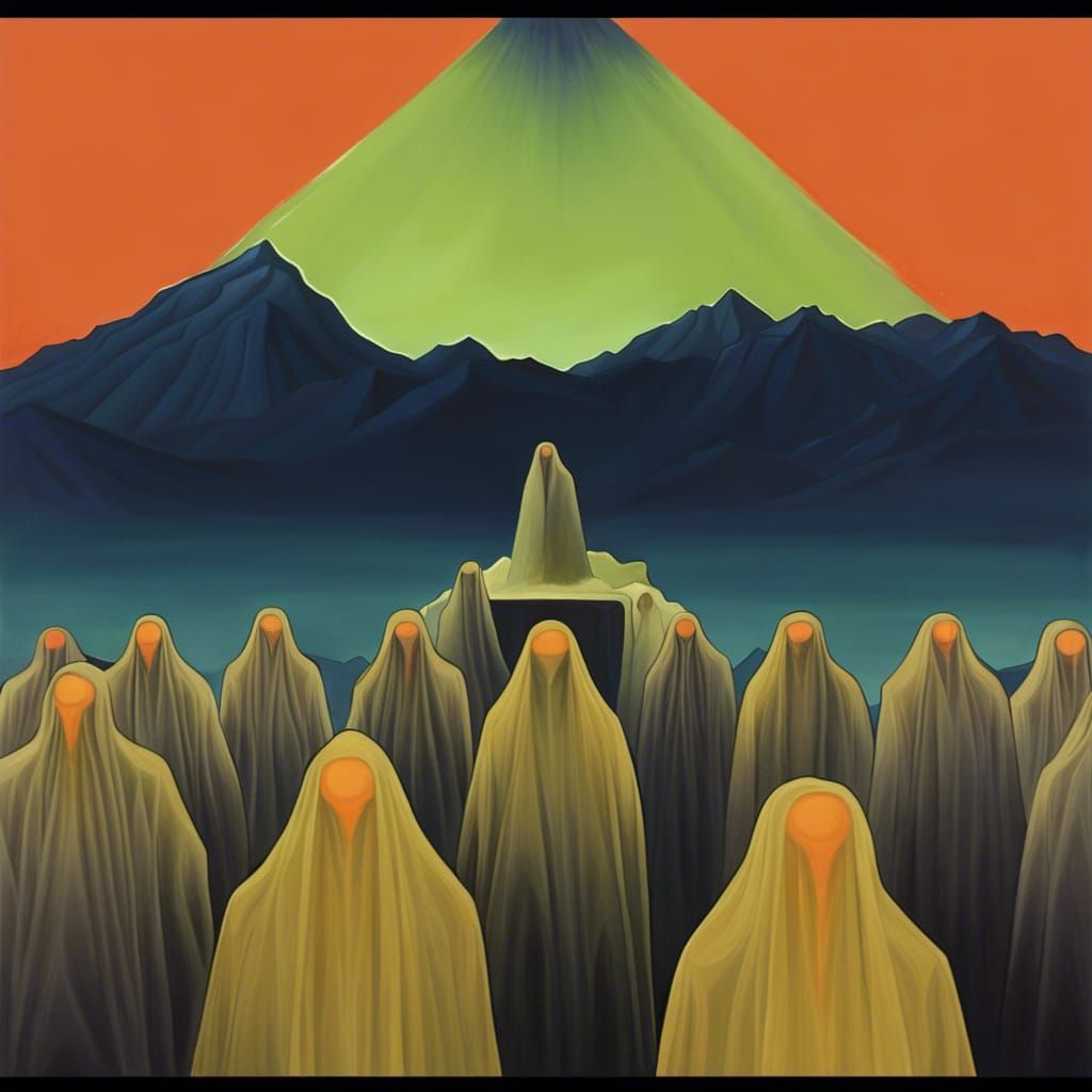 Pilgrimage to the holy Mountain retrofuturism realism minimalist ...