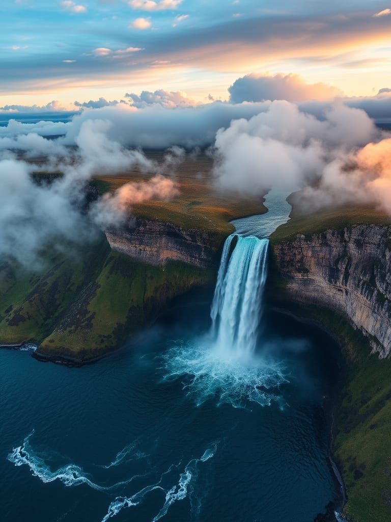 Golden Hour Waterfall Aerial Photography - AI Art