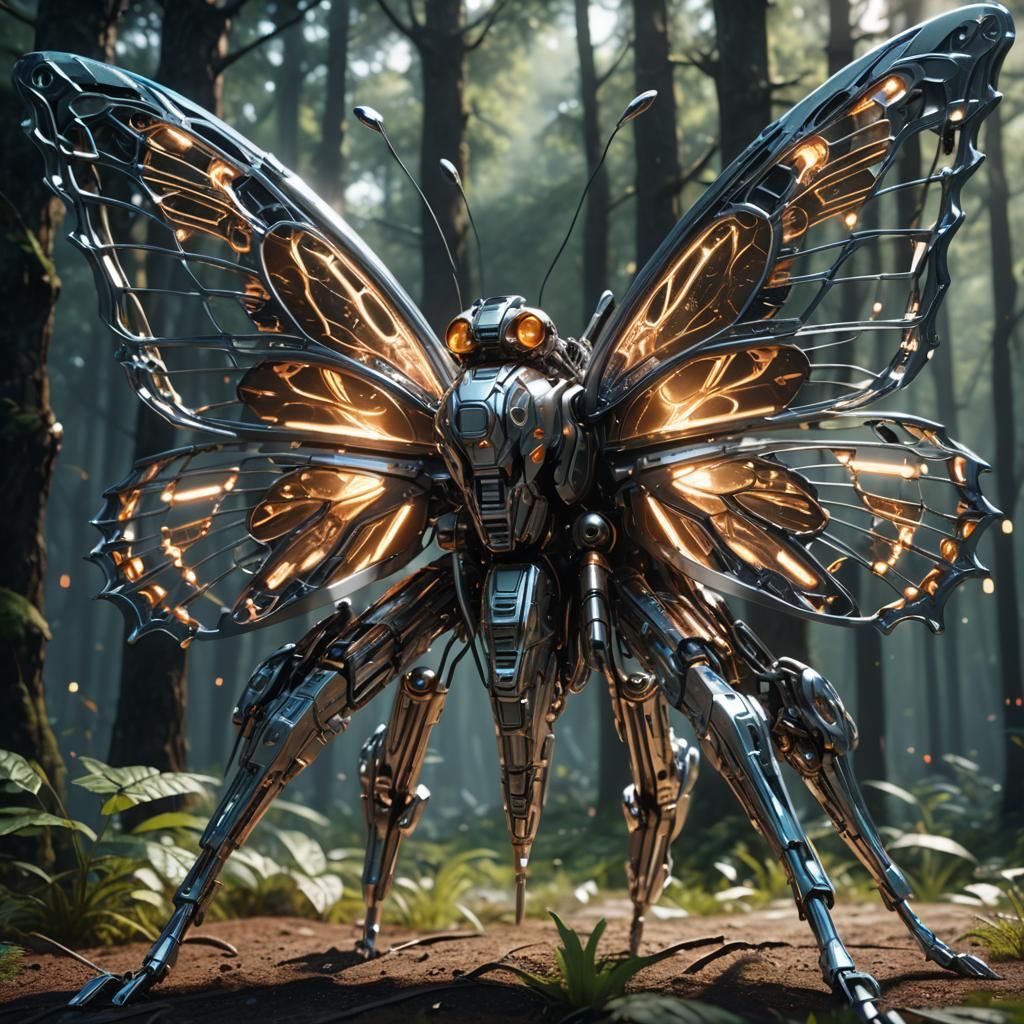 Hyperrealistic Cyborg metallic butterfly with laser eyes and ...