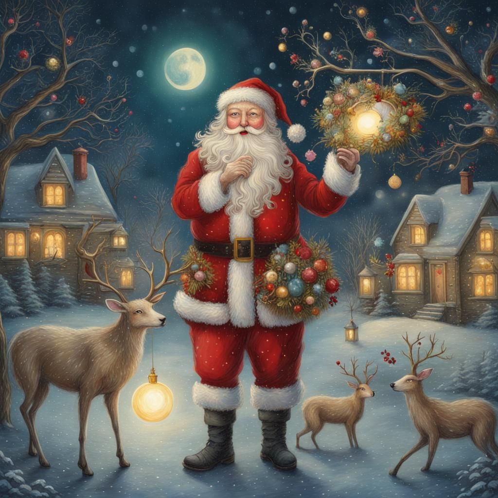 Santa decorating trees - AI Generated Artwork - NightCafe Creator