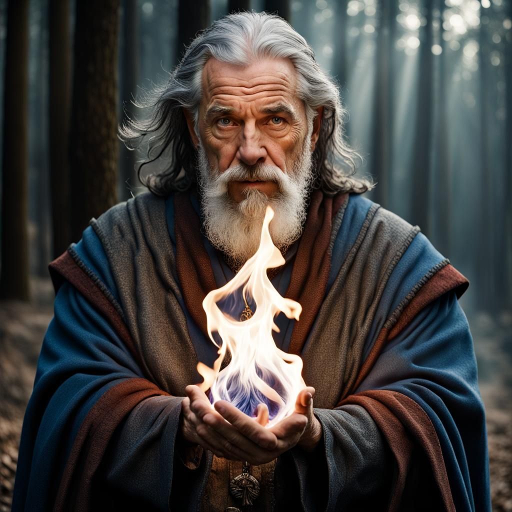 male wizard, grey hair, beard, blue gown, fireball in hand, wooded ...