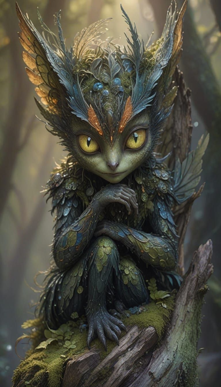 Green Baby Fae - Whimsical Forest Sprite with Dew-Kissed Win...