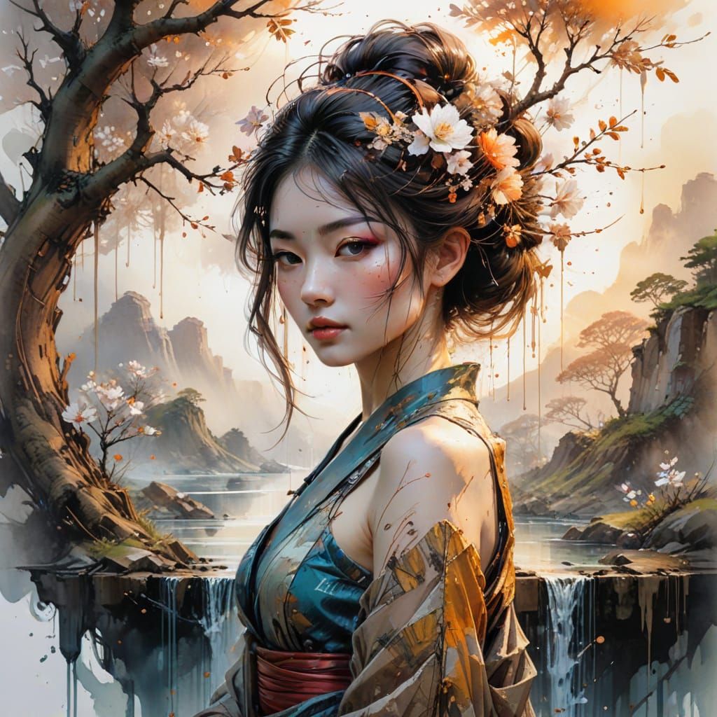 Imagine a surreal landscape where a geisha meditates under a blossoming ...