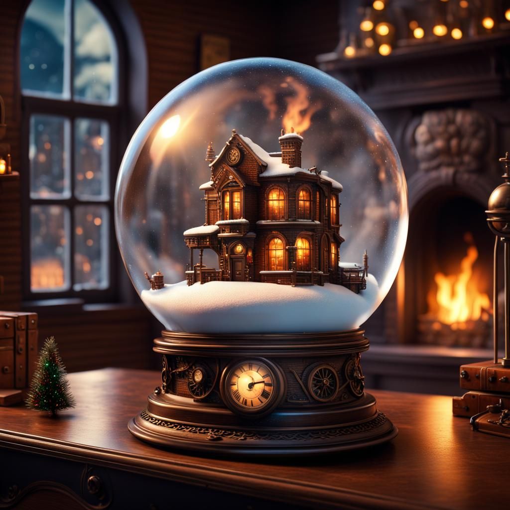 A hyper-realistic steampunk snow globe. Inside is a small steampunk ...