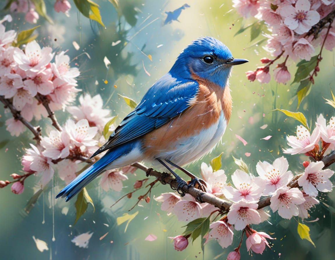 Bluebird in Cherry Blossoms: Spring Watercolor Art - AI Art