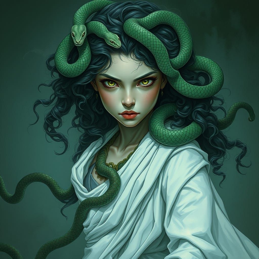 Mystical Girl with Snakes in Her Hair in Dark Fant... - AI Art