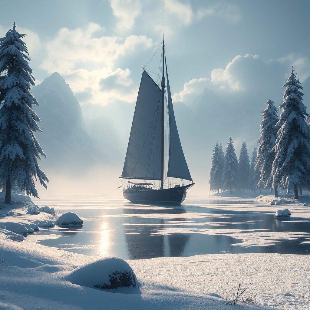 Majestic Sailboat Stranded in Winter Wonderland - AI Art