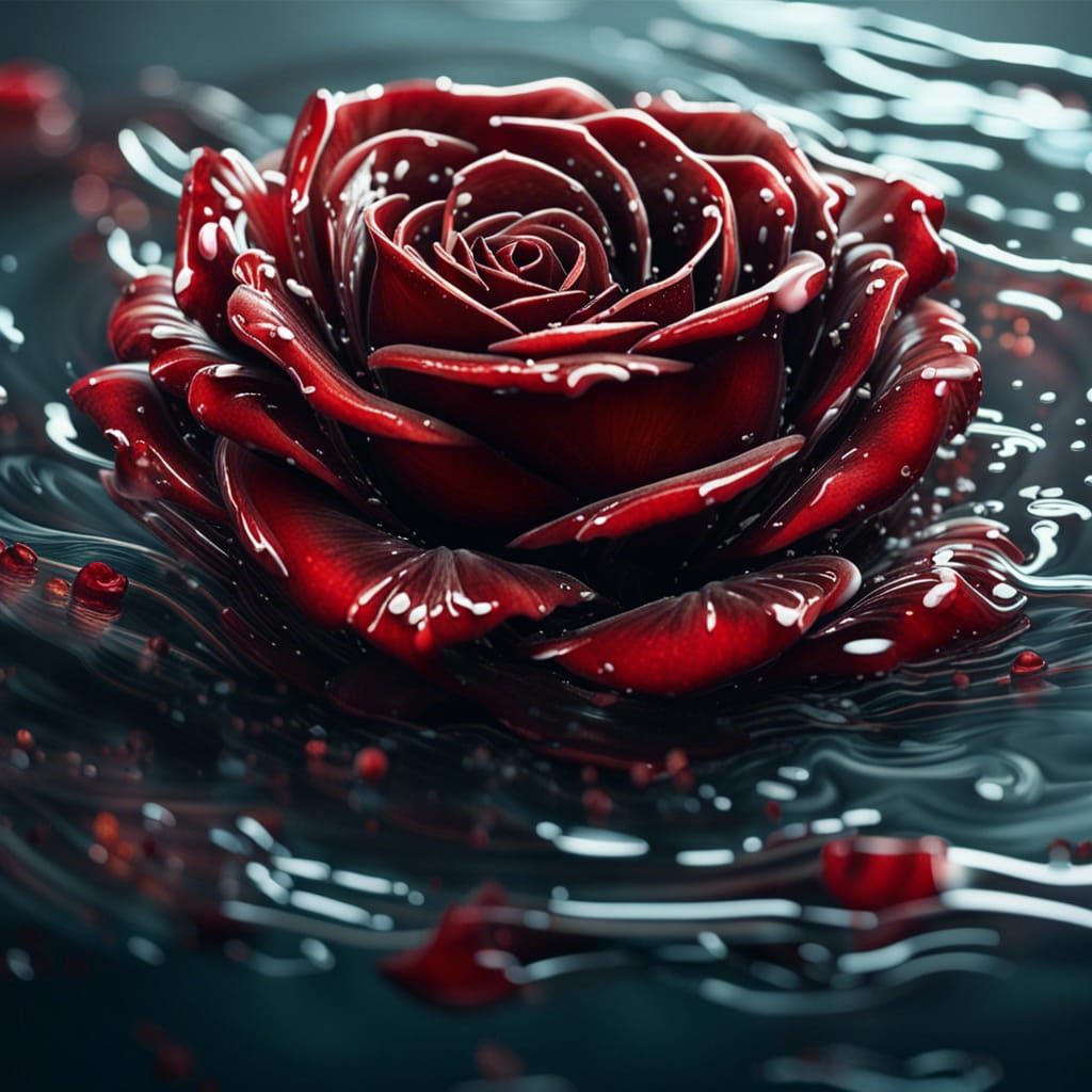 Close-up of a crystal-like red rose floating in water Hyperrealistic ...