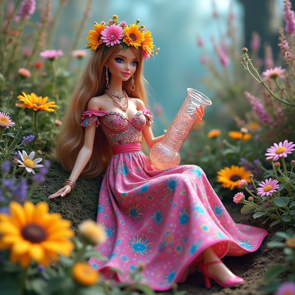 Psychedelic Barbie in a Vibrant Floral Garden - AI Art