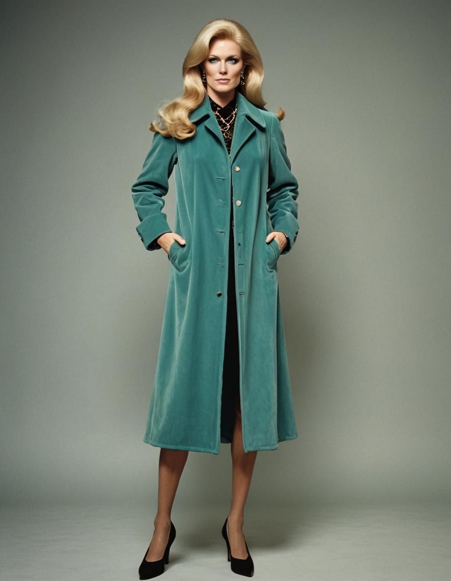 A velveteen turquoise long coat worn by a tall blonde Lady circa 1972
