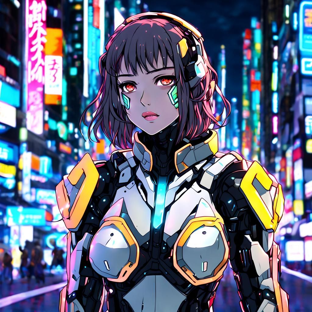 Portrait of a cyborg girl wearing futuristic face armor in a neon city ...