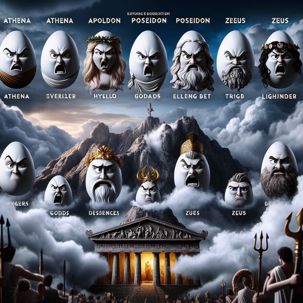 Angry Eggs as Ancient Greek Gods on Mount Olympus - AI Art