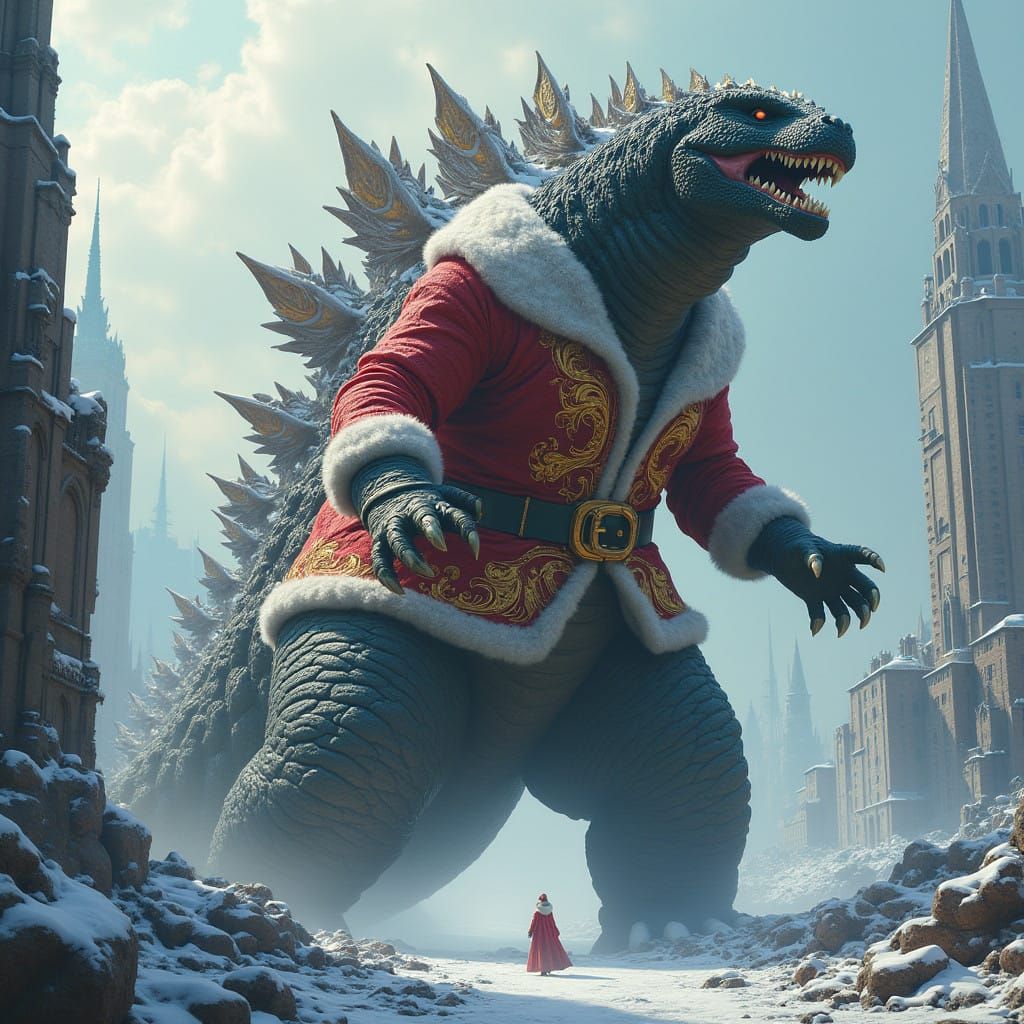 Godzilla santa - Godzilla Santa in Epic Winter Cityscape