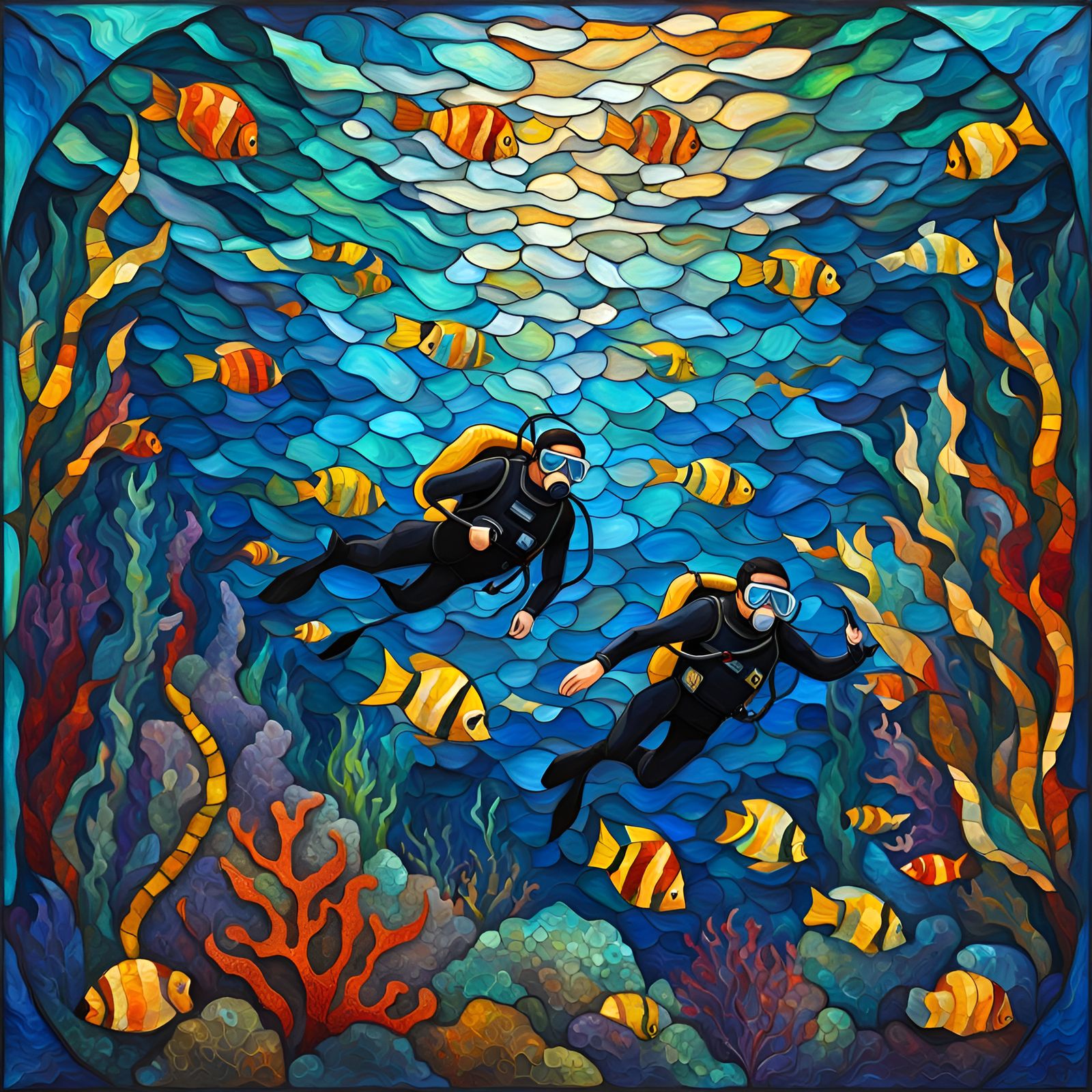 Stained Glass background, scuba divers, under sea creatures, 3d - AI ...