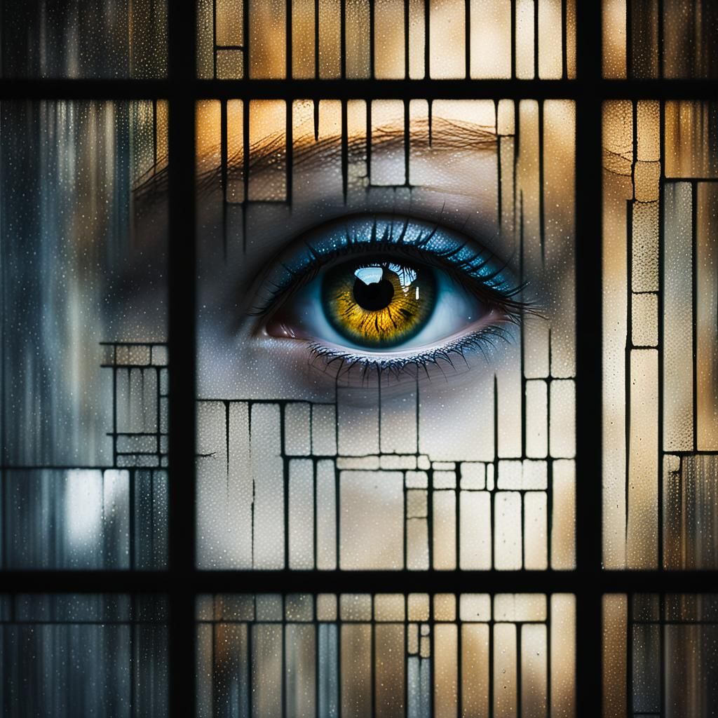 A woman's painted eye looking into the distance through a window in a ...