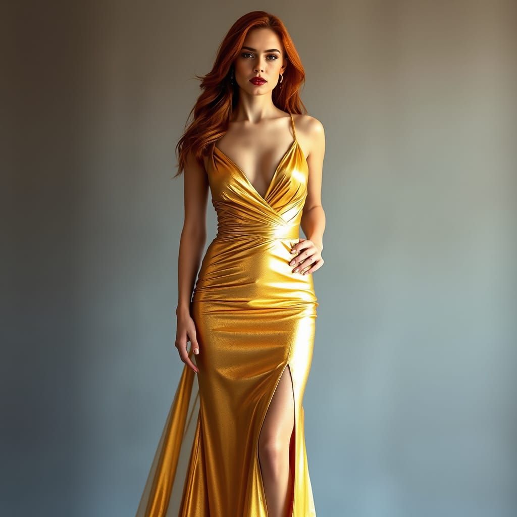 Elegant Gold Latex Goddess in Luxurious Lighting - AI Art