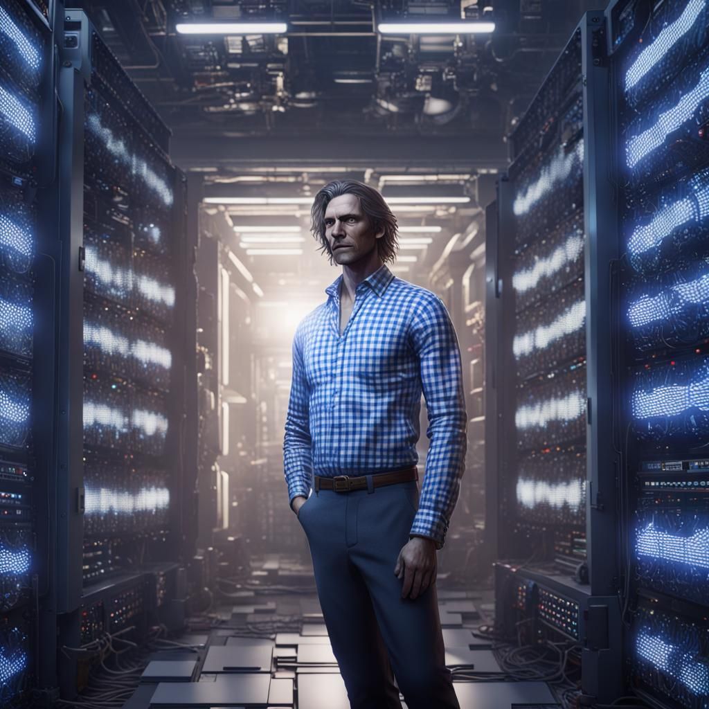 Angus Russell Male God of Digital Art dressed in Blue and White Checkered Shirt standing near a ...