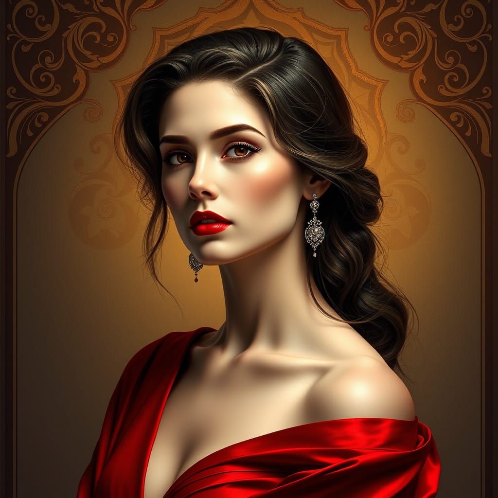 Elegant Lady in Red, Art Nouveau-Inspired Digital ... - AI Art