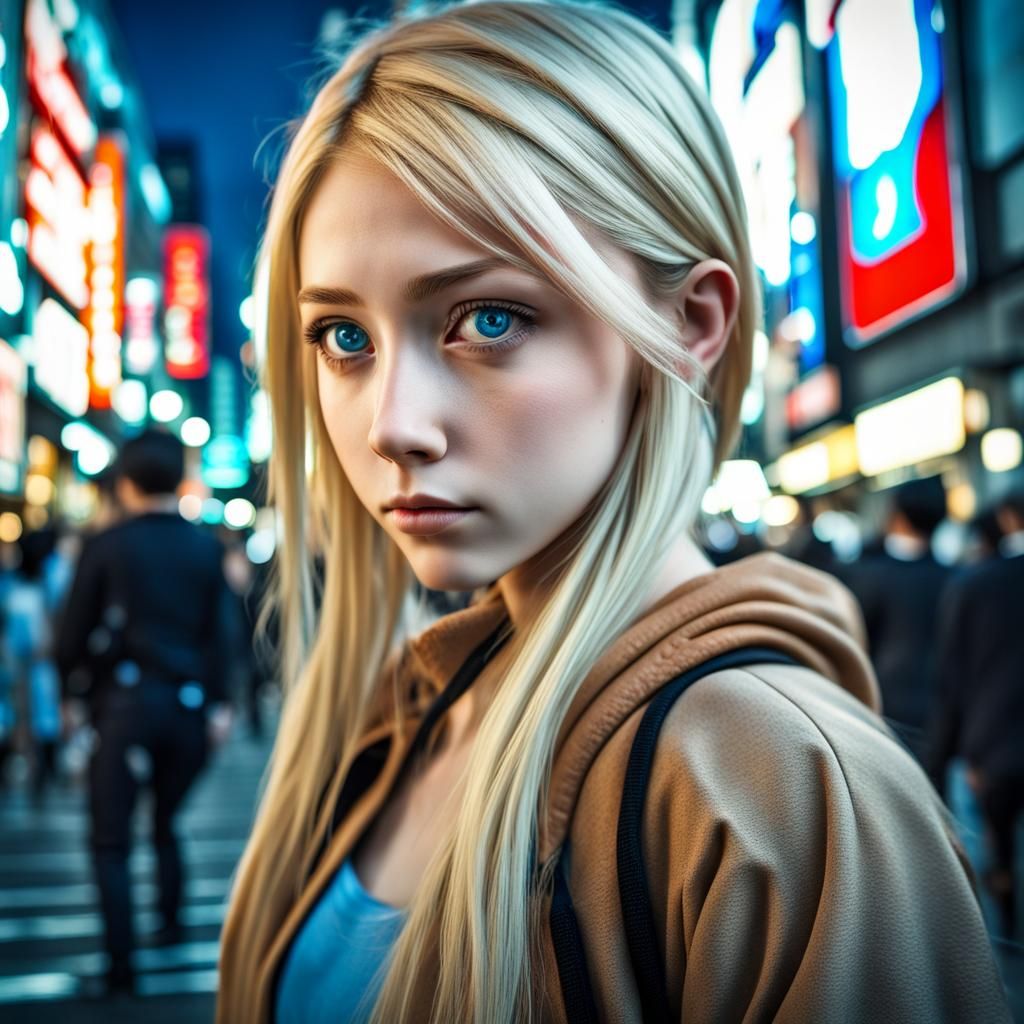 Blond-haired, blue-eyed girl in Tokyo - AI Generated Artwork - NightCafe Creator