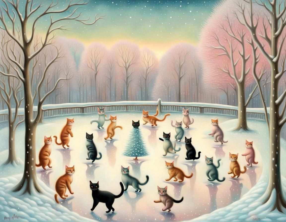 Charming Cats ice skating in snowy ice rink, in detailed busy colorful ...