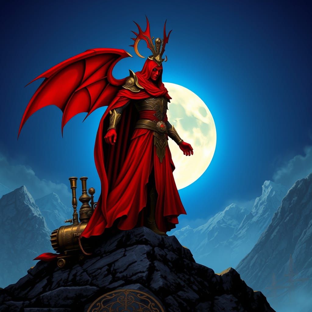 Red Guardian Steampunk Silhouette on Moonlit Mount... - AI Art