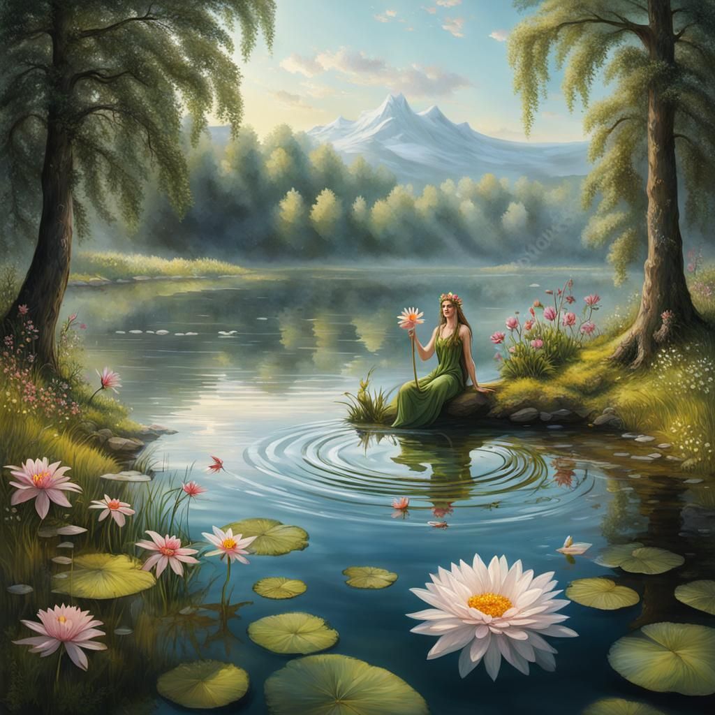 A fairy with a flower is bathing in a lake. A scene from Slavic ...