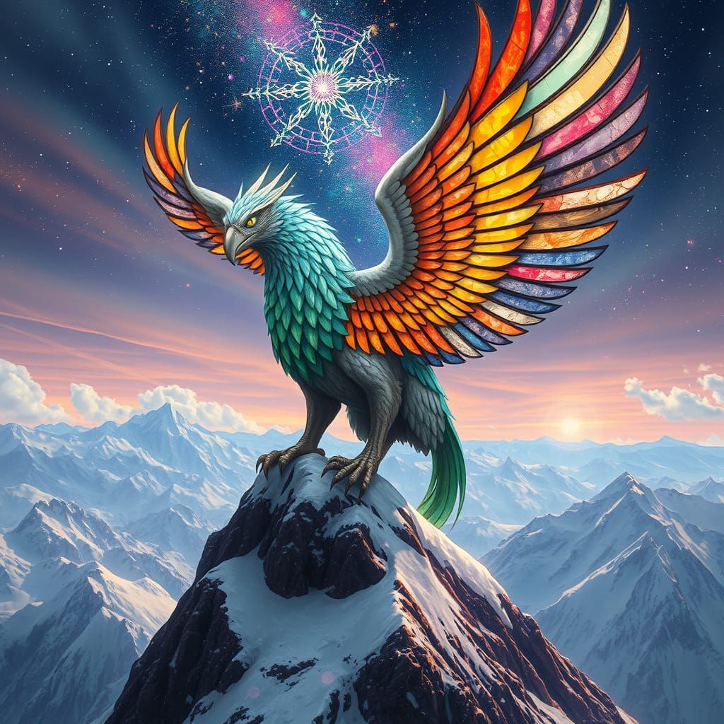 Stained Glass Griffin on Mountain Peak - AI Art