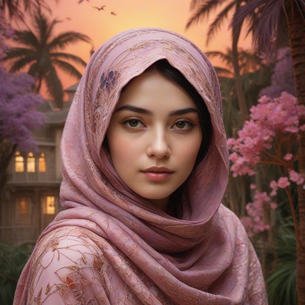 A portrait of a beautiful young lady wearing a broidery hijab