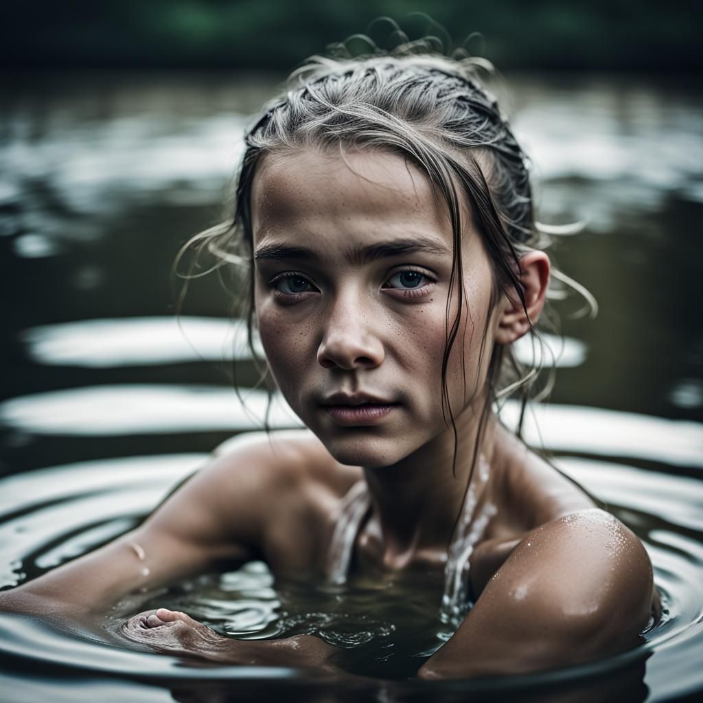 European Cute Girl Playing In The Water Grey Hair Tied Up In Asian Style Oily Skin Athletic